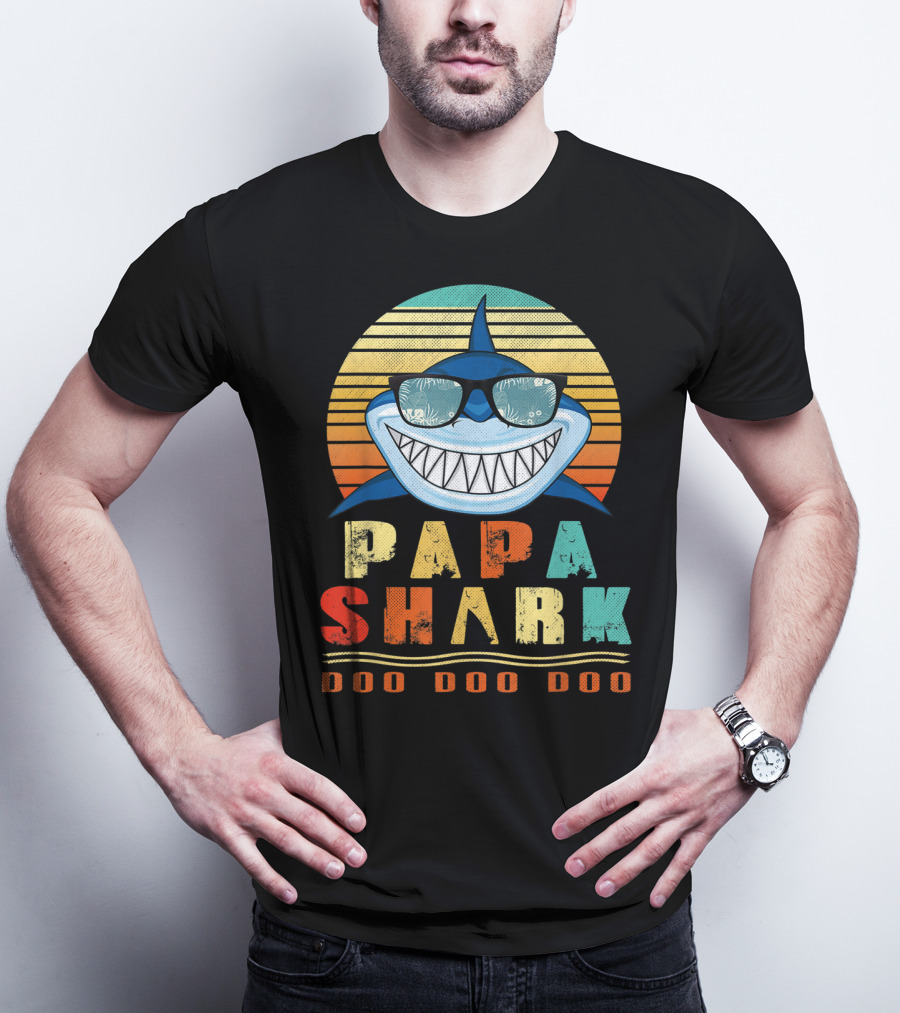 Papa Shark Doo Doo Doo Cool Sunglasses Retro Sunset Vibe T-Shirt