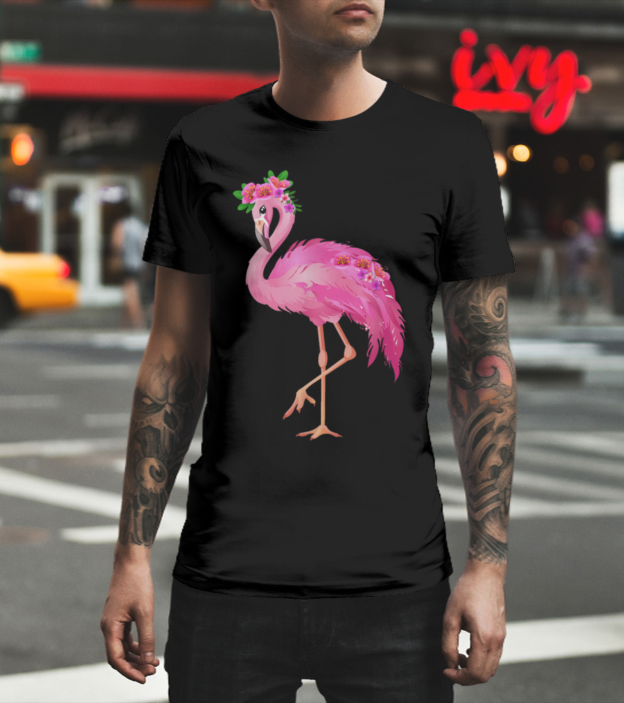 Pink Flamingo With Watercolor Hawaiian Flower Crown And Feathers T-Shirt