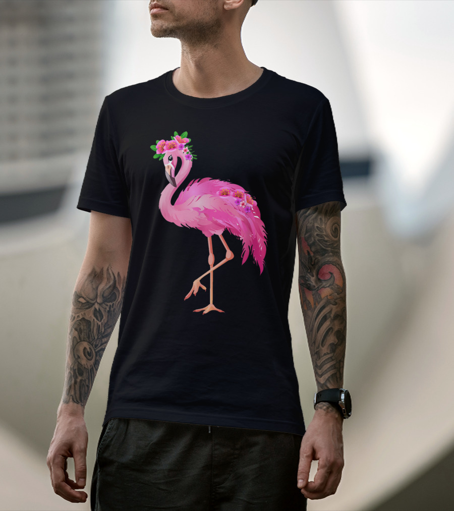 Pink Flamingo With Watercolor Hawaiian Flower Crown And Feathers T-Shirt