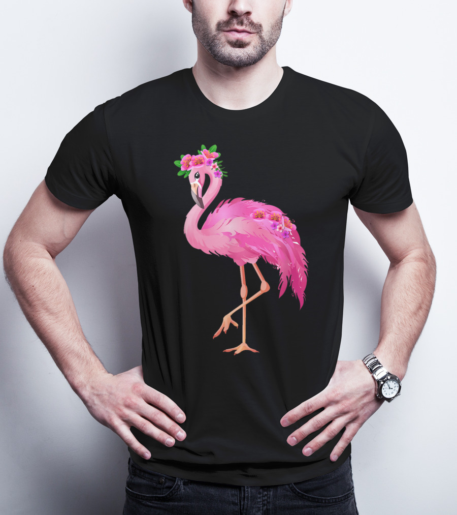 Pink Flamingo With Watercolor Hawaiian Flower Crown And Feathers T-Shirt