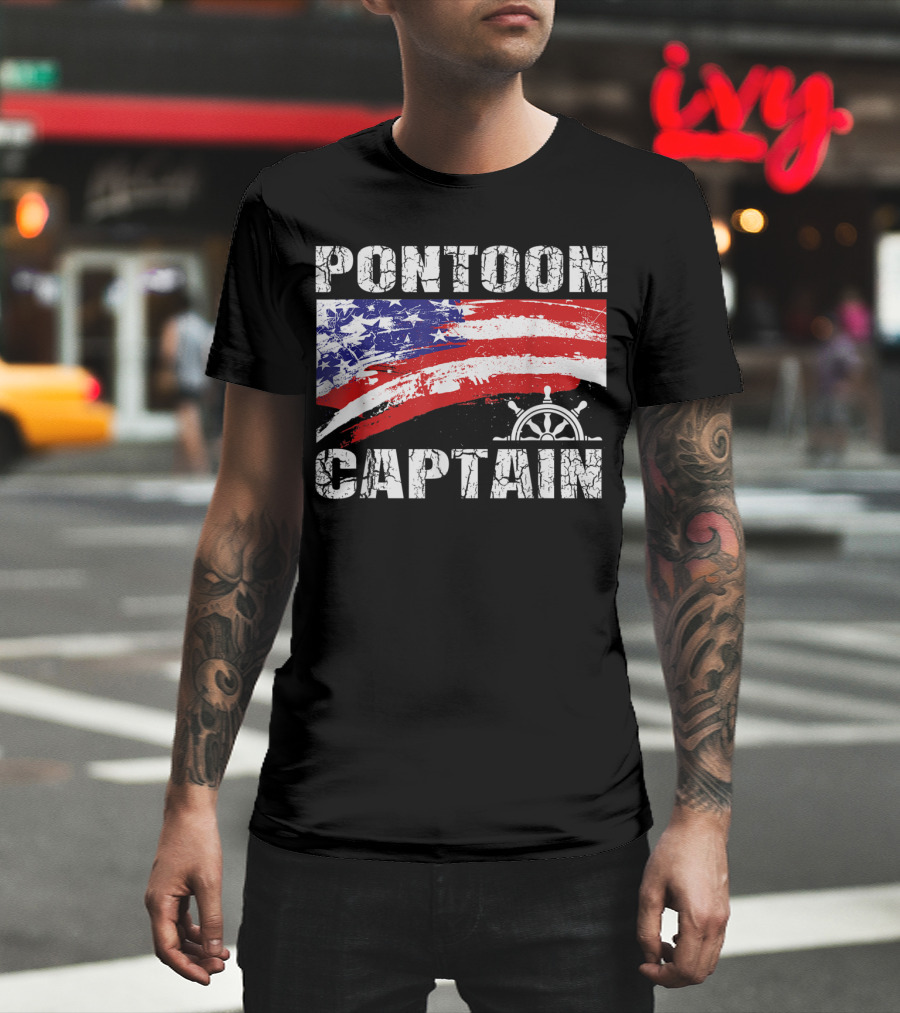 Pontoon Captain American Flag Steering Wheel Dad Boating T-Shirt