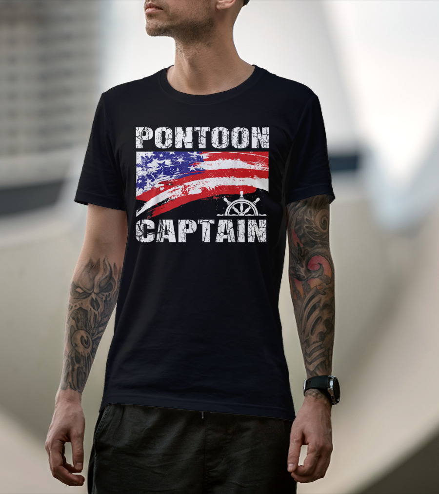 Pontoon Captain American Flag Steering Wheel Dad Boating T-Shirt