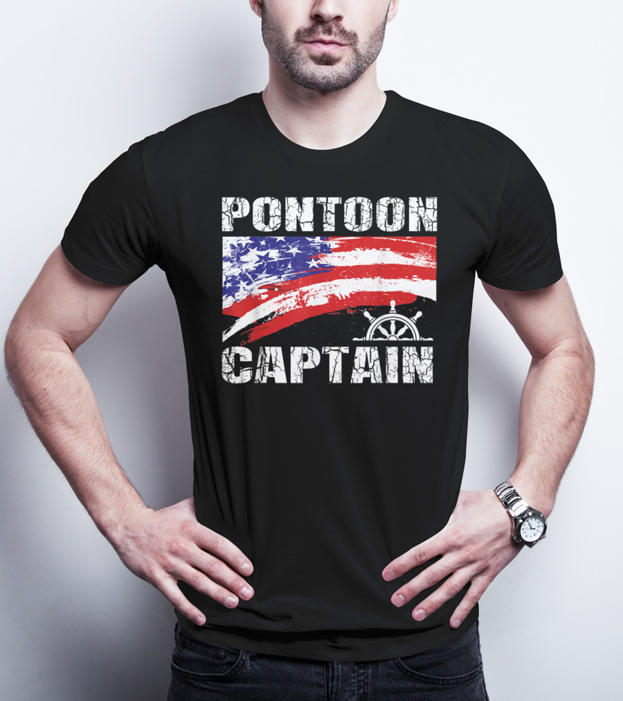 Pontoon Captain American Flag Steering Wheel Dad Boating T-Shirt