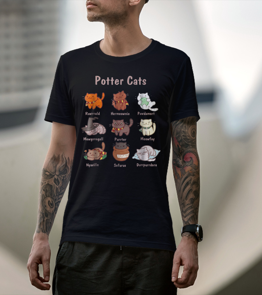 Potter Cats Rawrnald Hermeownie Pawdamort Mewgonagall Purrter Meowfoy Nyaville Sefurus Dumpurrdore Funny Cat Lovers T-Shirt