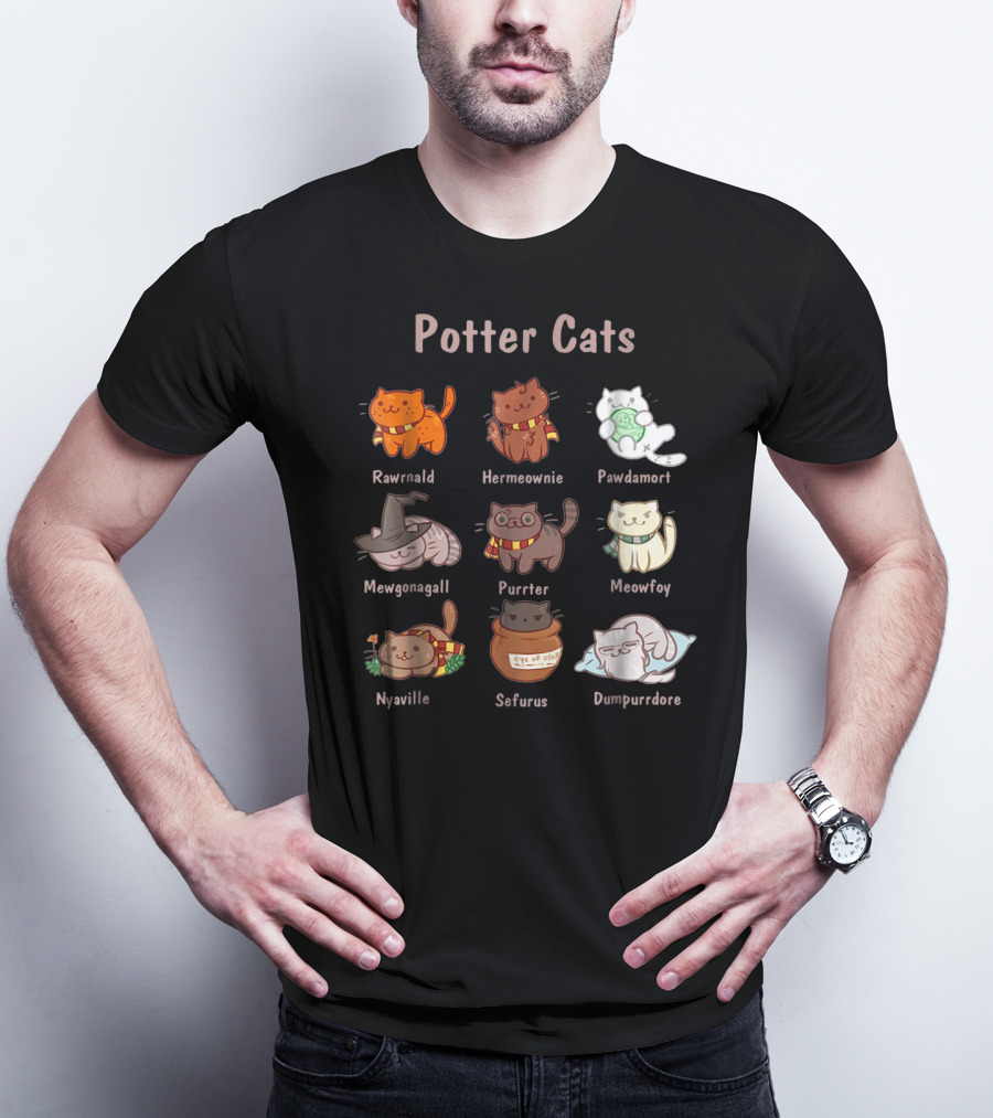 Potter Cats Rawrnald Hermeownie Pawdamort Mewgonagall Purrter Meowfoy Nyaville Sefurus Dumpurrdore Funny Cat Lovers T-Shirt