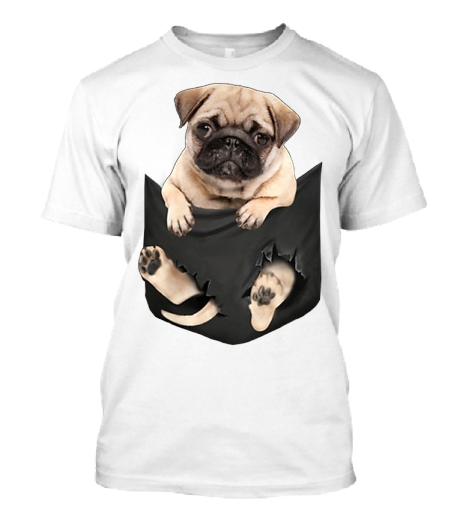 Pug Peeking Out Of Pocket With Paws Poking Through T-Shirt