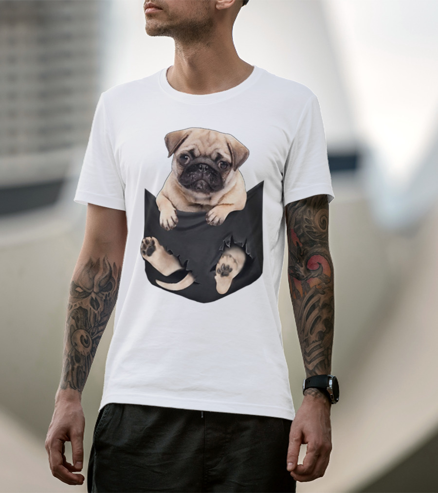 Pug Peeking Out Of Pocket With Paws Poking Through T-Shirt