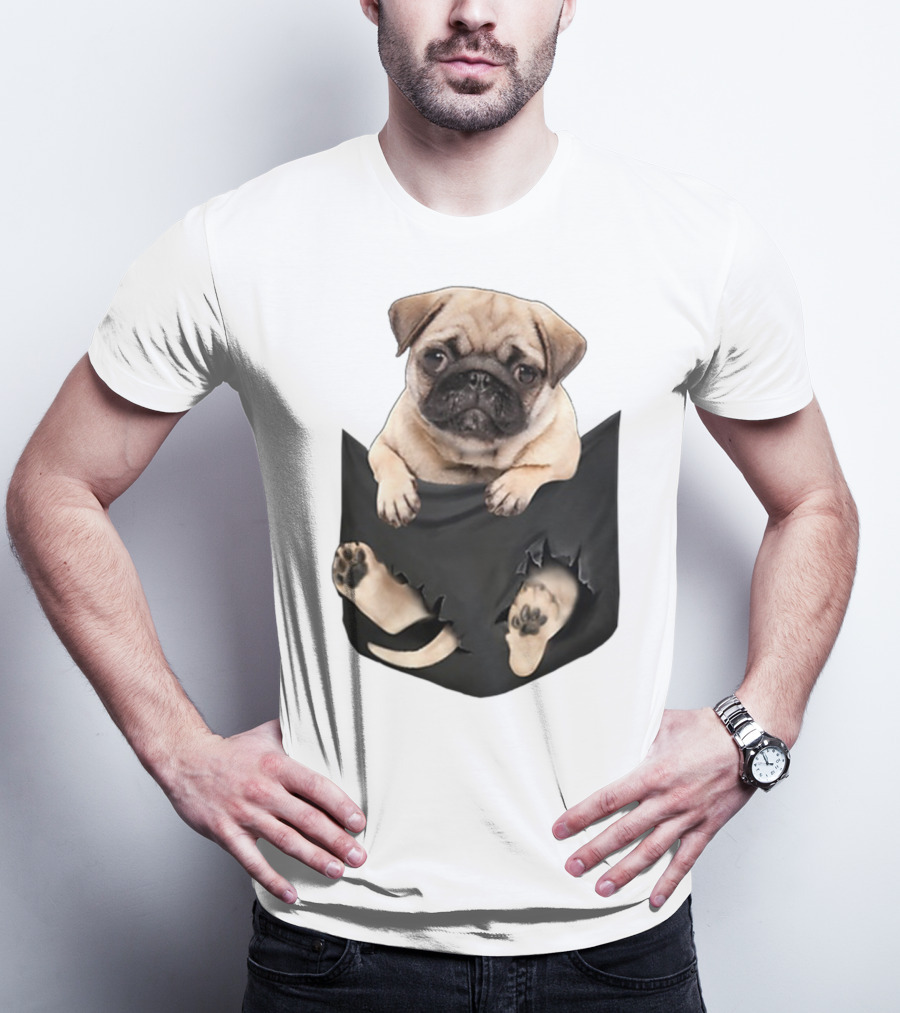 Pug Peeking Out Of Pocket With Paws Poking Through T-Shirt