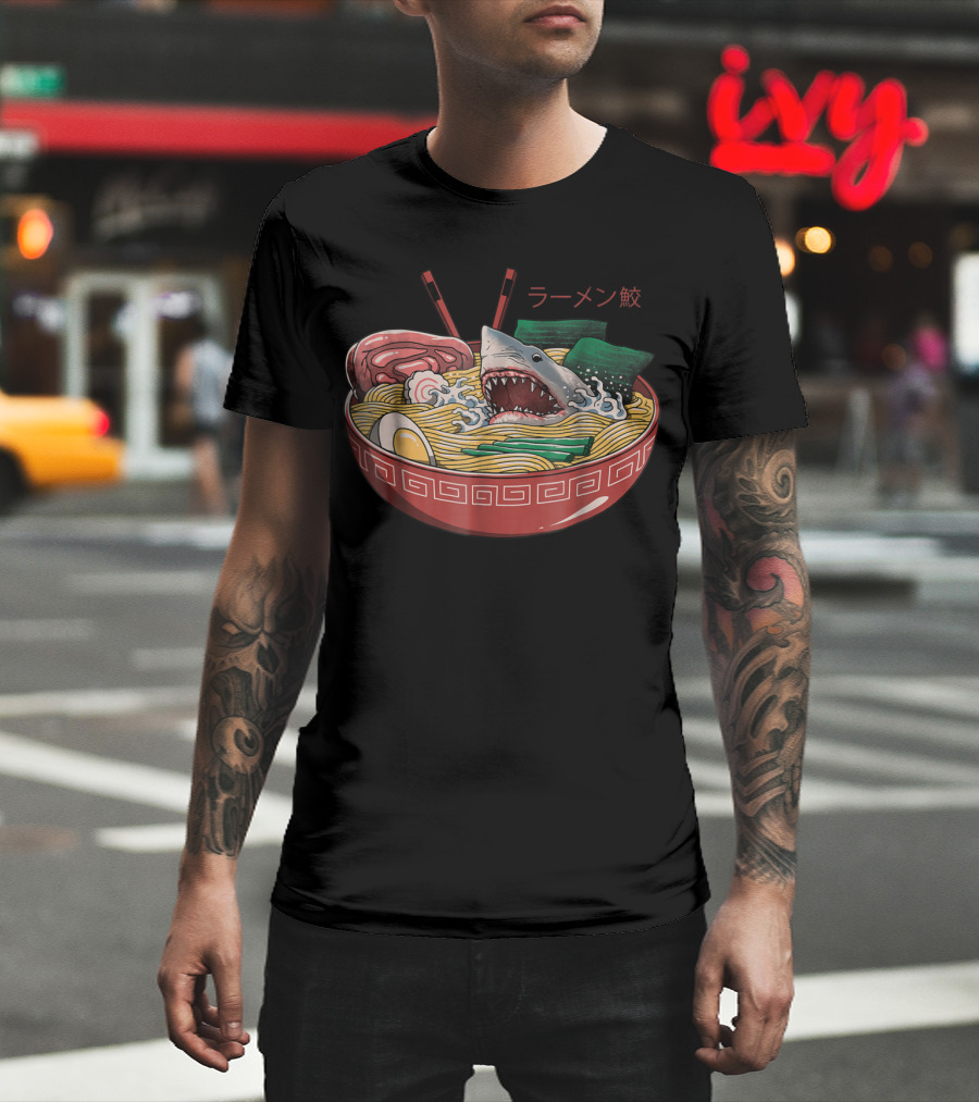 Ramen Shark Noodle Bowl Kaiju Monster Comic T-Shirt