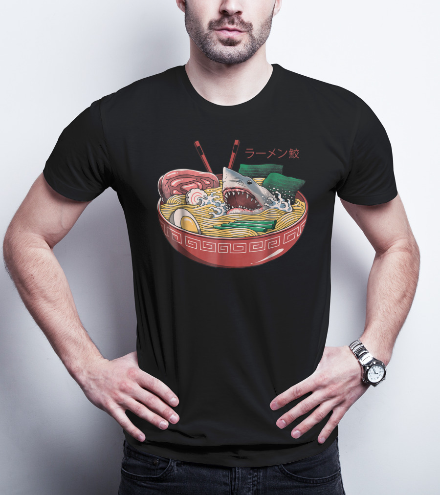 Ramen Shark Noodle Bowl Kaiju Monster Comic T-Shirt