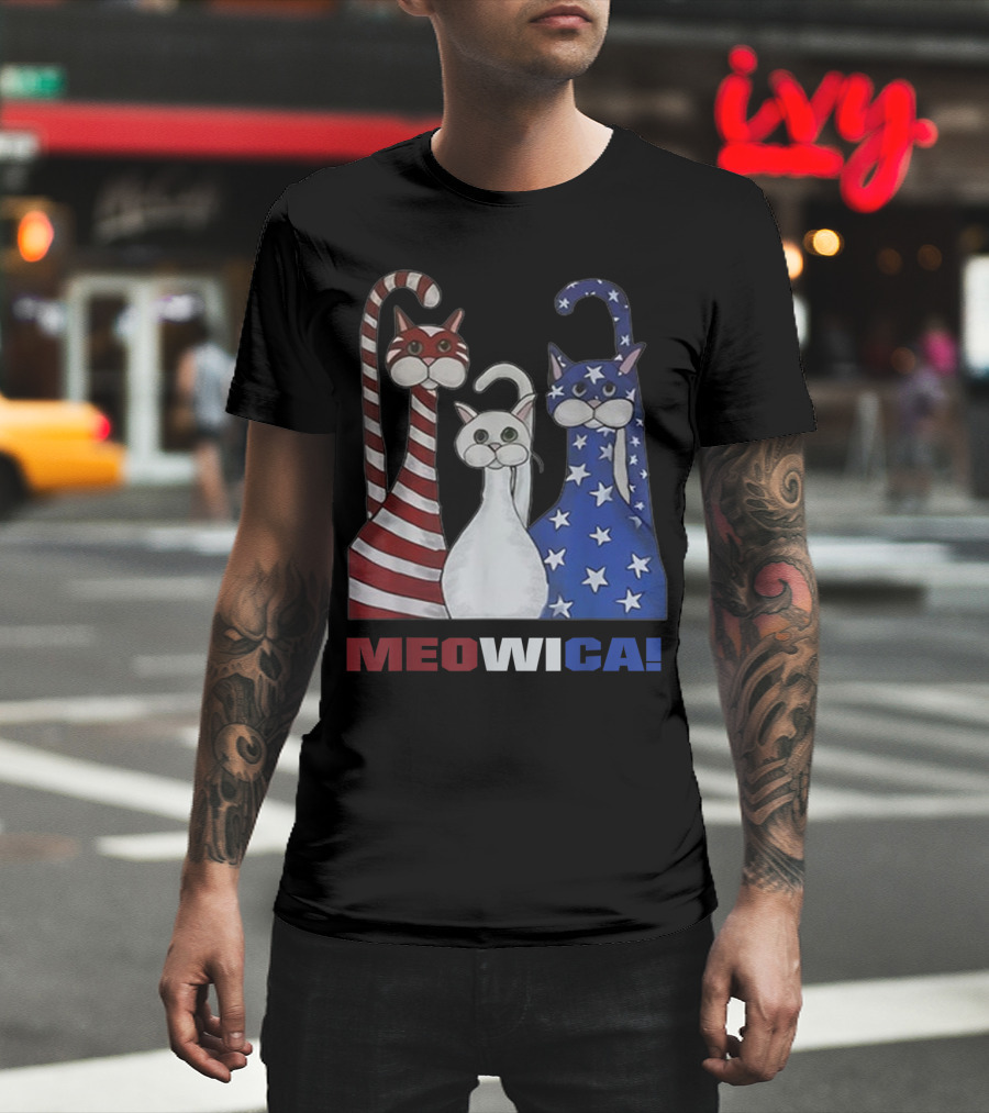 MEOWICA Red White Blue Cat American Flag Patriotic T-Shirt