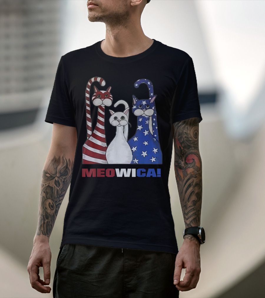 MEOWICA Red White Blue Cat American Flag Patriotic T-Shirt