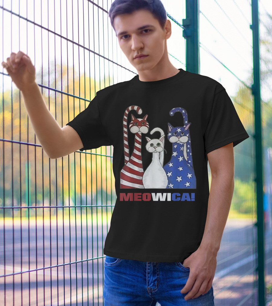 MEOWICA Red White Blue Cat American Flag Patriotic T-Shirt