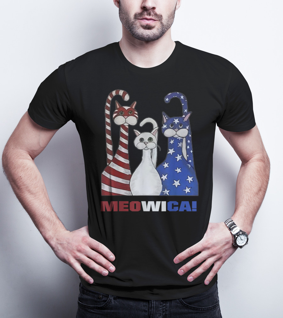MEOWICA Red White Blue Cat American Flag Patriotic T-Shirt