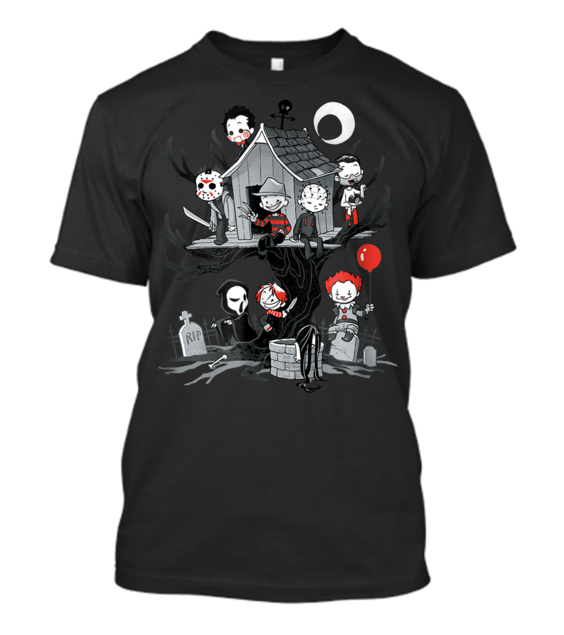 ShirtWoot Horror Clubhouse Icons In Treehouse With Figures And Moon T-Shirt