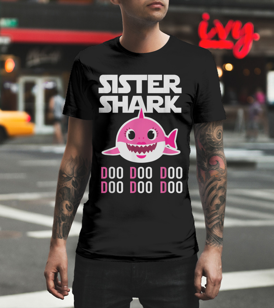Sister Shark Doo Doo Doo Pink Cartoon T-Shirt