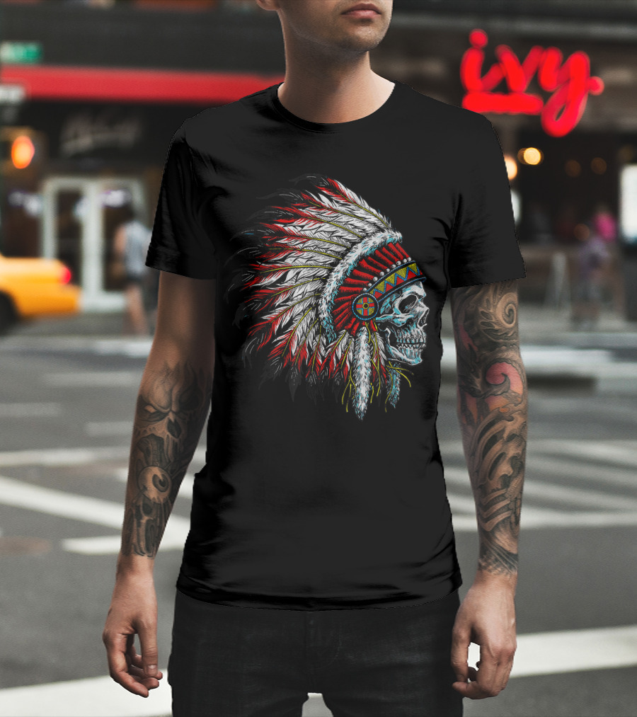 Skull Native Indian Chief Eagle Feather Headdress Vintage American T-Shirt