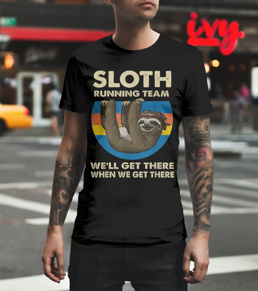 Sloth Running Team Vintage Sunset We'll Get There When We Get There T-Shirt
