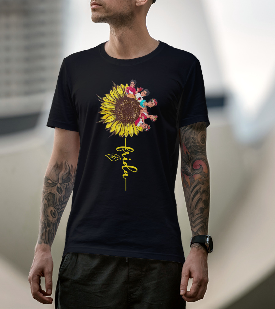 Frida Kahlo Sunflower Fusion With Colorful Floral Elements T-Shirt