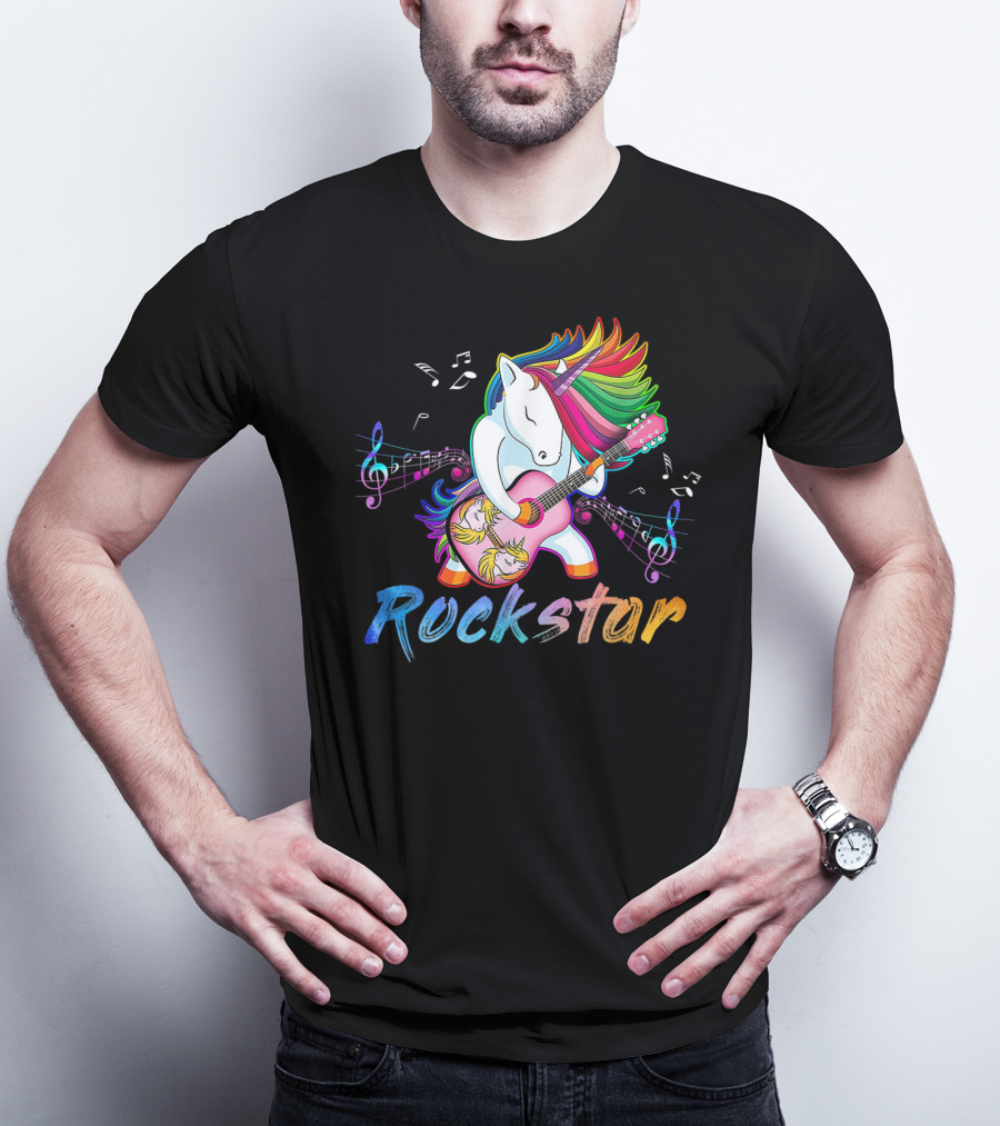 Unicorn Rockstar Rainbow Guitar Music Notes T-Shirt