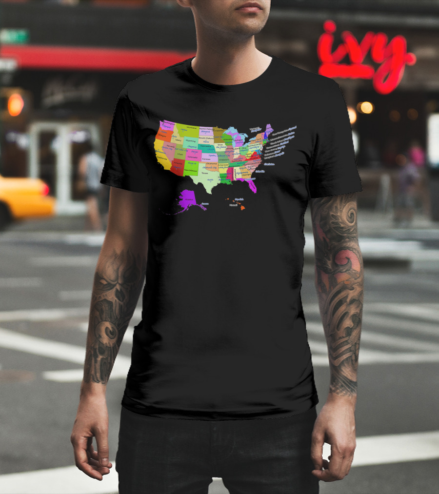USA Map Displaying States And Capital Cities In Vibrant Colors T-Shirt