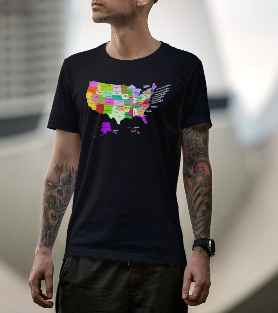 USA Map Displaying States And Capital Cities In Vibrant Colors T-Shirt