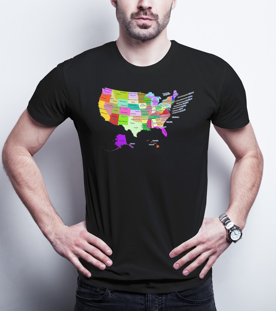 USA Map Displaying States And Capital Cities In Vibrant Colors T-Shirt