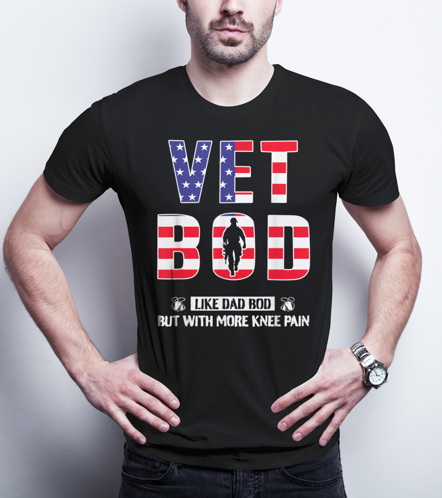 VET BOD Like Dad Bod But With More Knee Pain Veteran Silhouette USA Flag T-Shirt