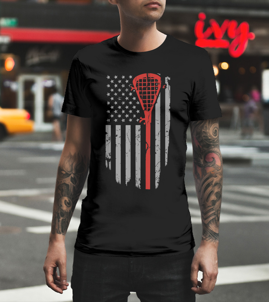 Vintage American Flag Lacrosse Stick Youth USA Patriotic T-Shirt