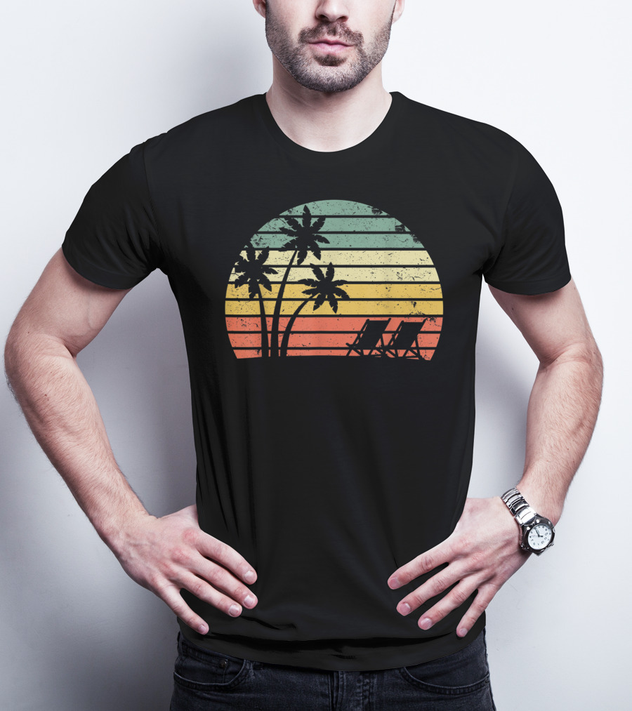 Retro Sunset Palm Trees With Beach Chair T-Shirt