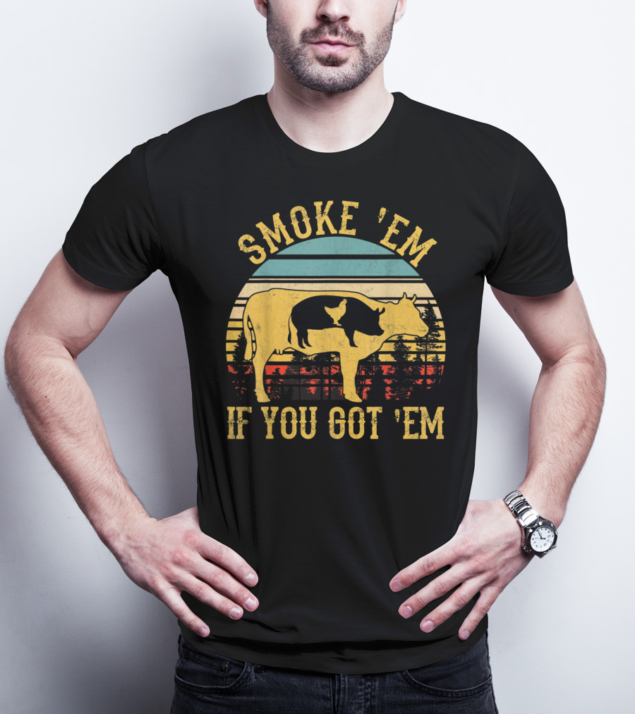 Smoke 'Em If You Got 'Em Vintage BBQ Grilling Cow Silhouette Retro Sunset T-Shirt