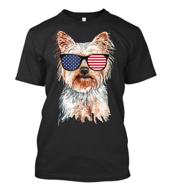Yorkie Dog With American Flag Sunglasses Patriotic T-Shirt