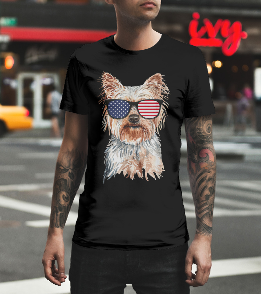 Yorkie Dog With American Flag Sunglasses Patriotic T-Shirt