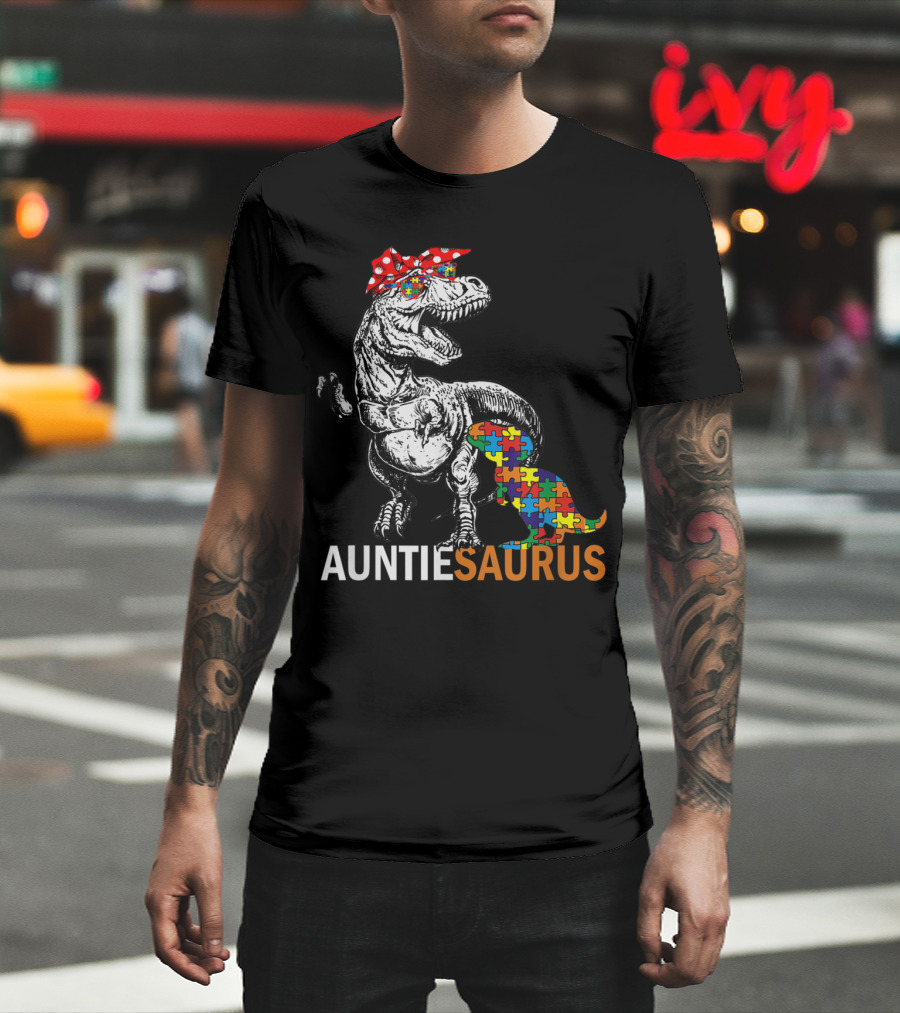 Auntie Saurus Autism Awareness Dinosaur With Puzzle Pieces And Bow T-Shirt