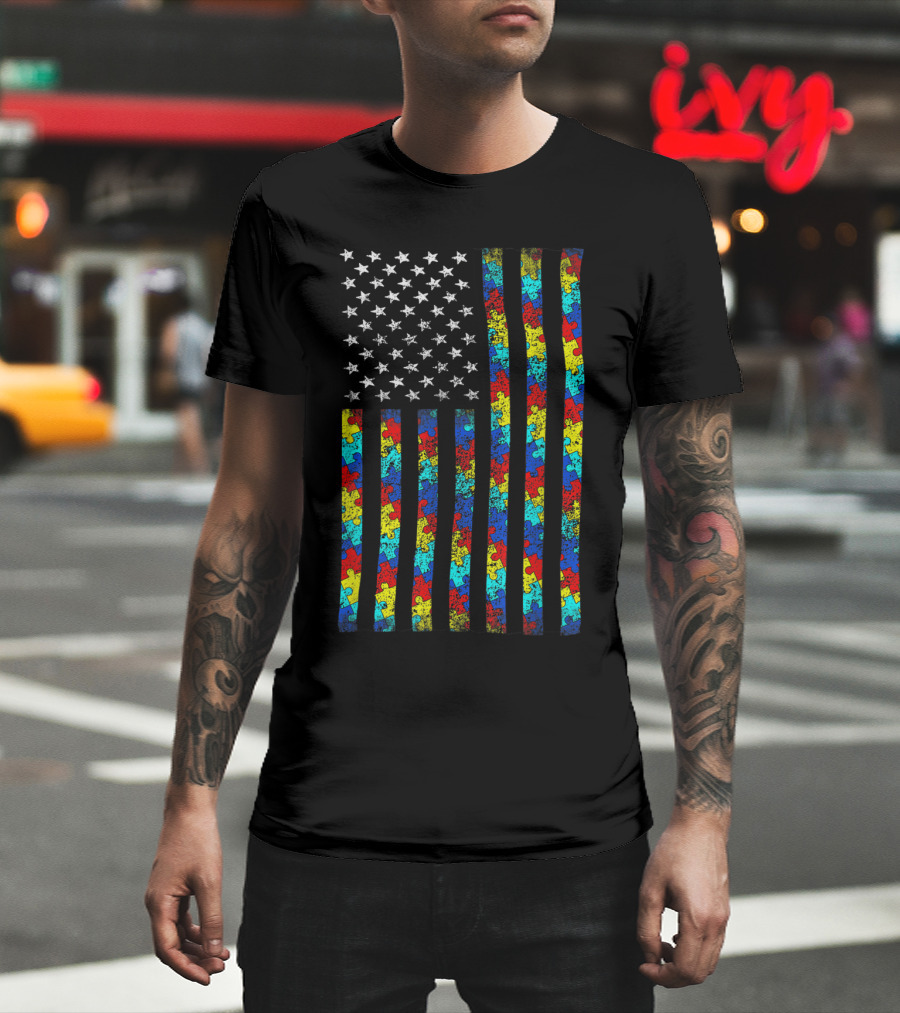 Autism Awareness Puzzle Piece American Flag T-Shirt