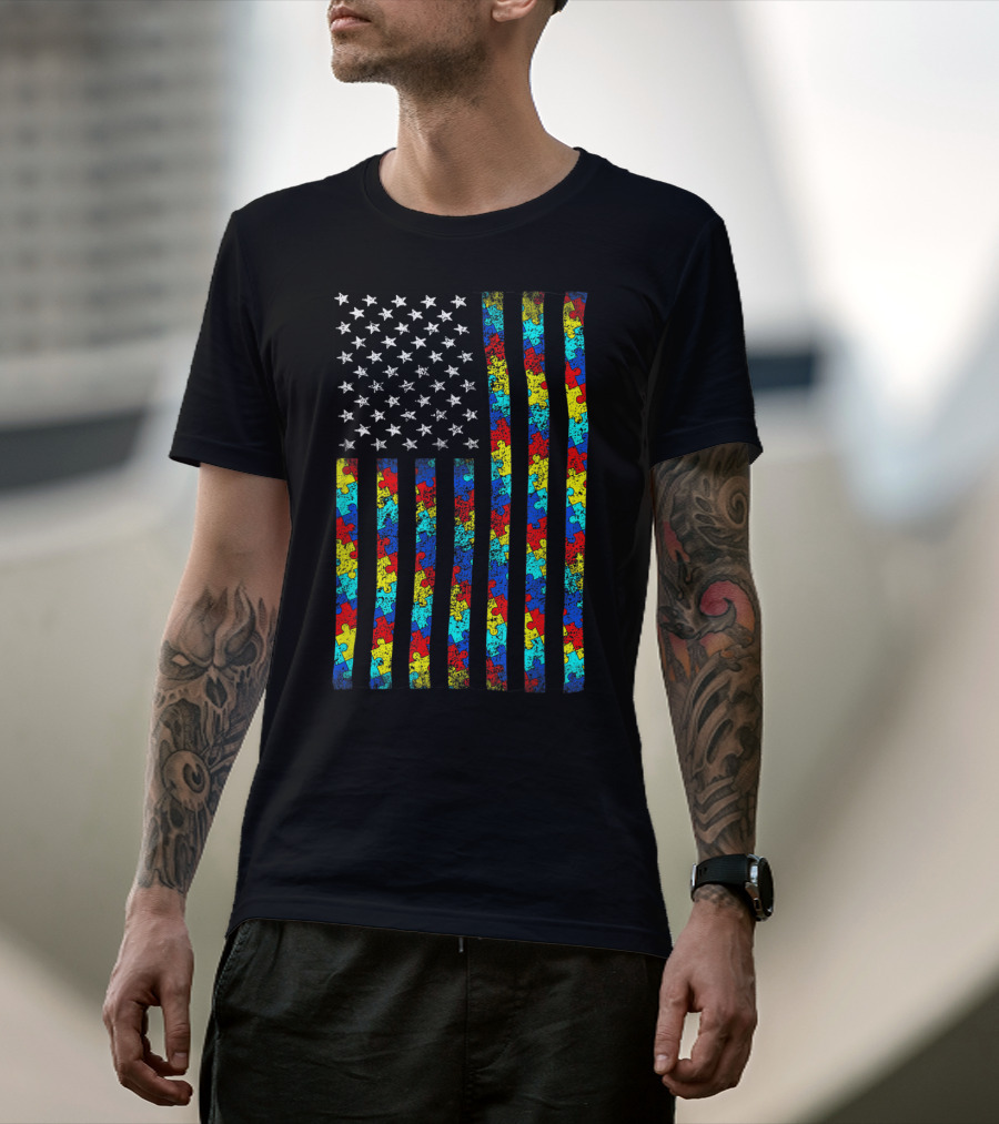 Autism Awareness Puzzle Piece American Flag T-Shirt