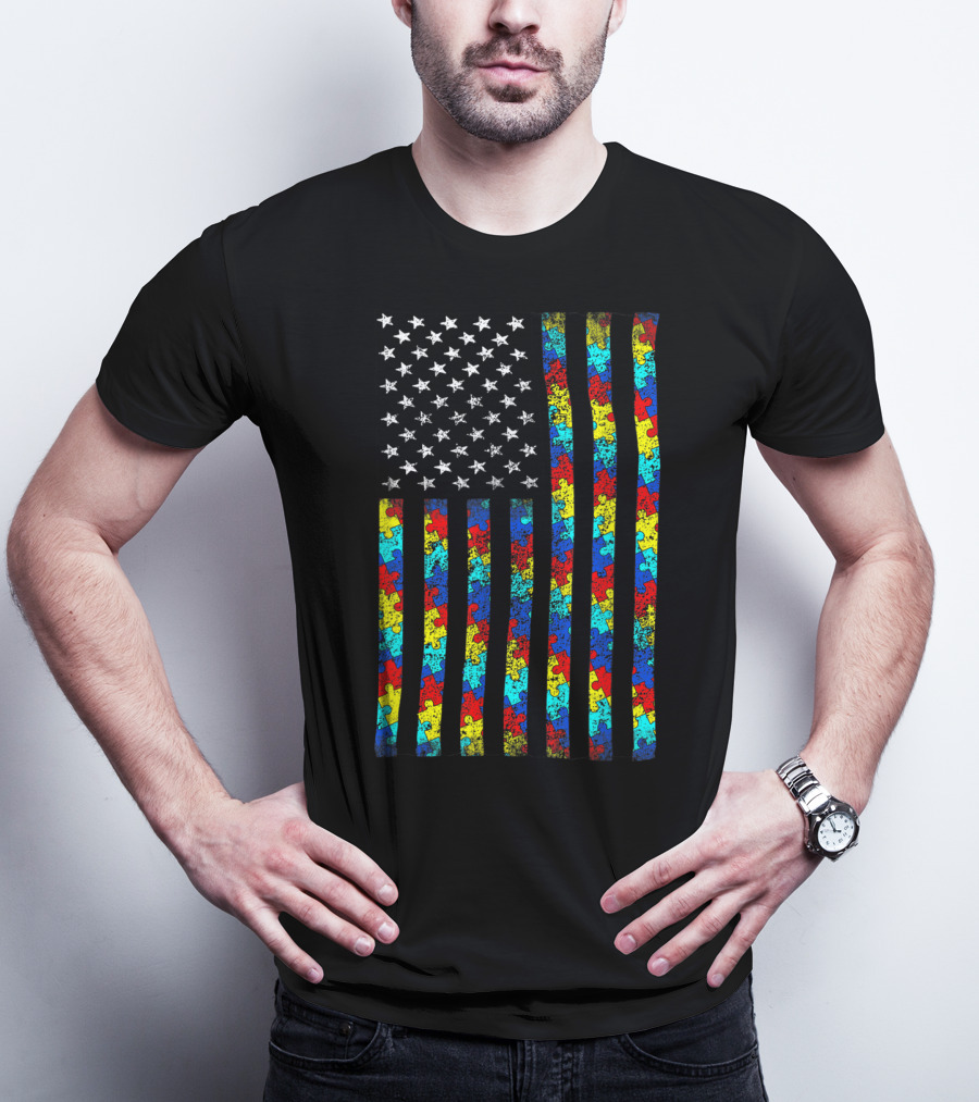 Autism Awareness Puzzle Piece American Flag T-Shirt