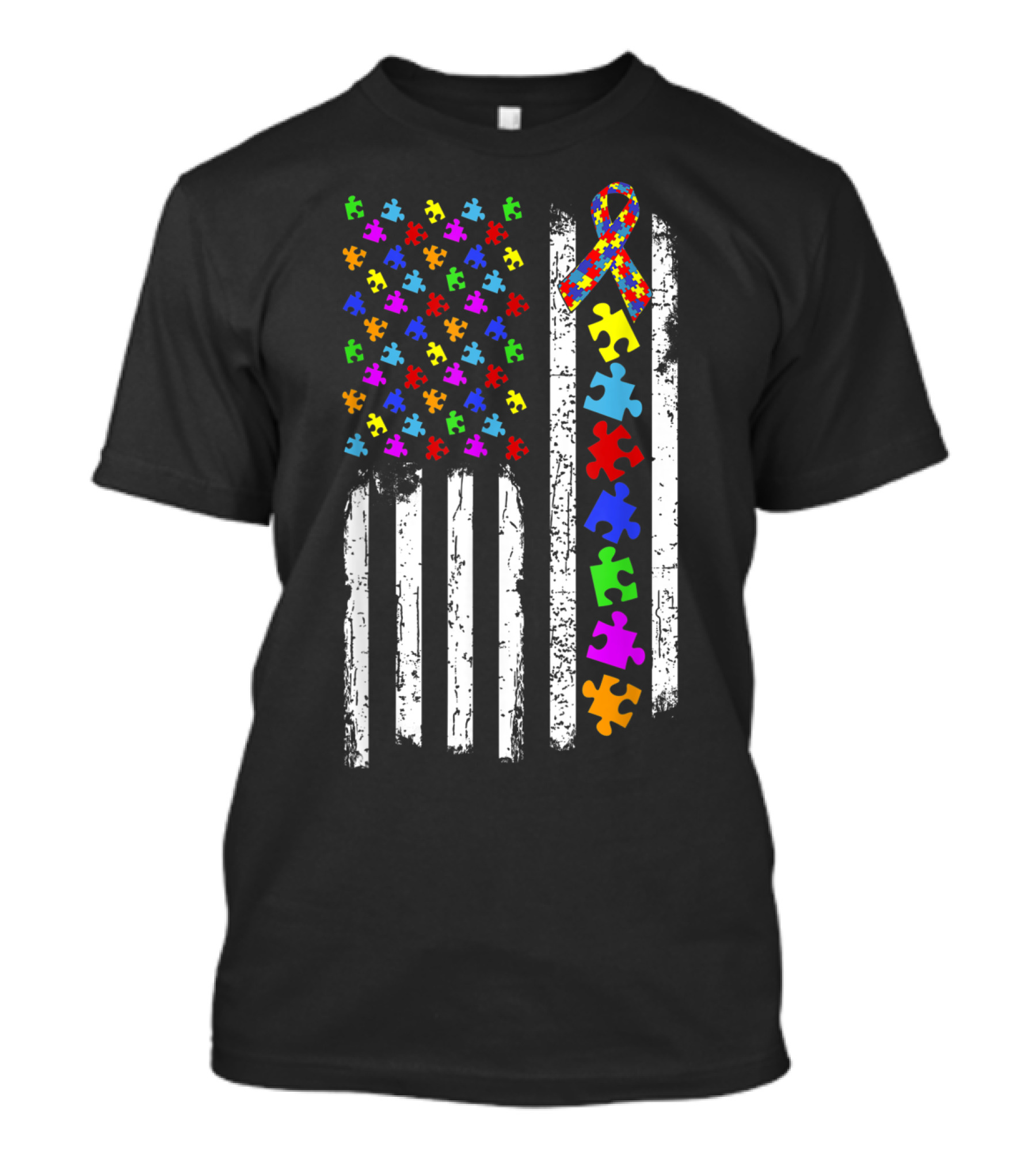 Autism Awareness Puzzle Piece Ribbon American Flag T-Shirt