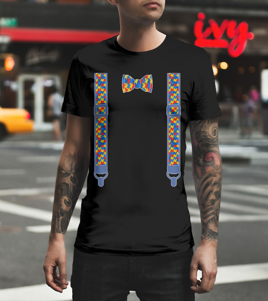 Autism Awareness Puzzle Piece Bow Tie And Suspenders T-Shirt