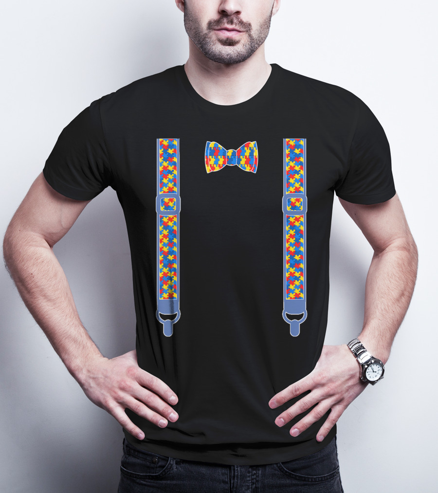 Autism Awareness Puzzle Piece Bow Tie And Suspenders T-Shirt