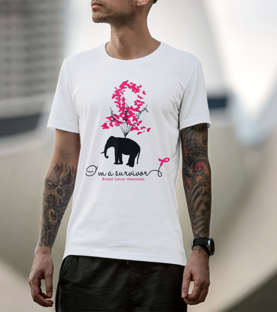 I'm A Survivor Breast Cancer Awareness Pink Ribbon Butterfly Elephant T-Shirt