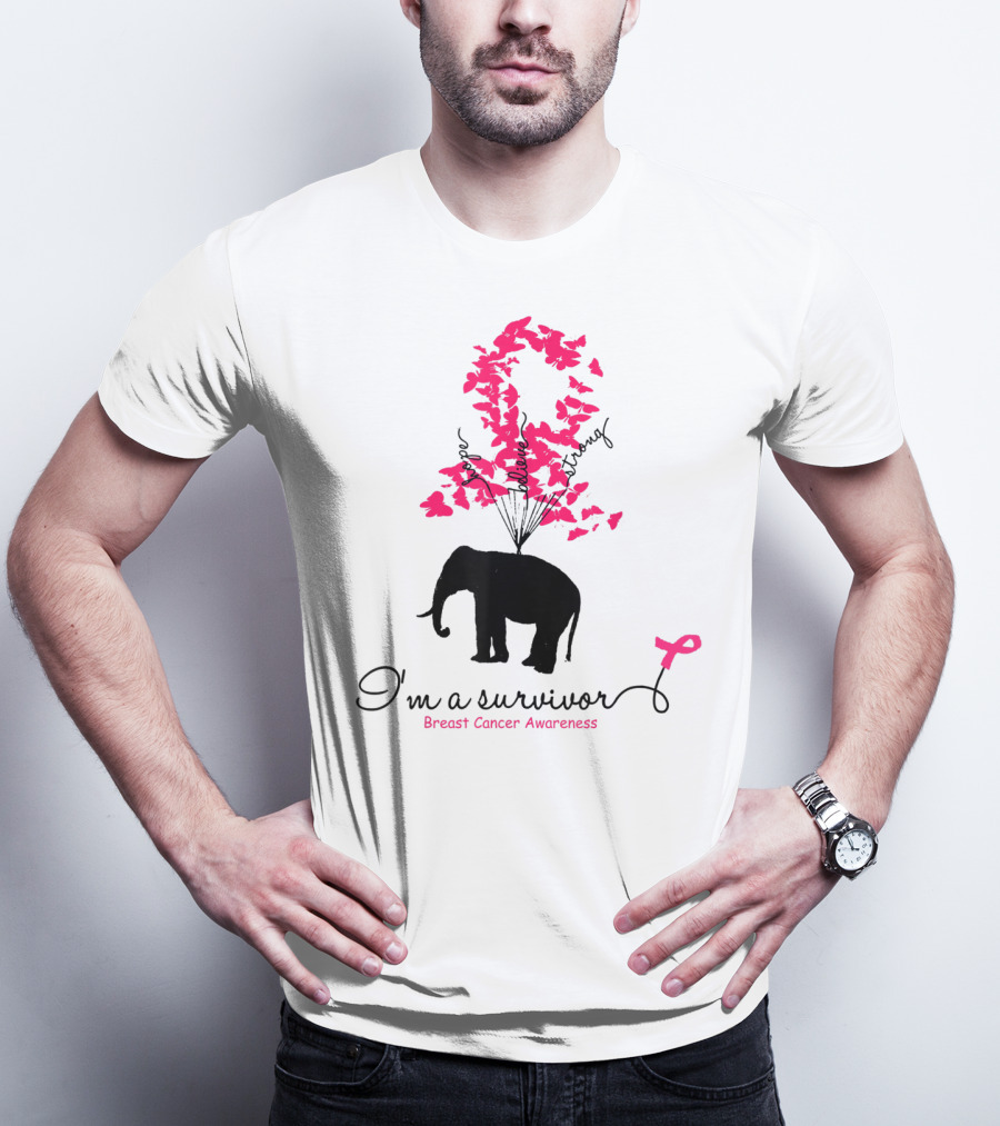 I'm A Survivor Breast Cancer Awareness Pink Ribbon Butterfly Elephant T-Shirt