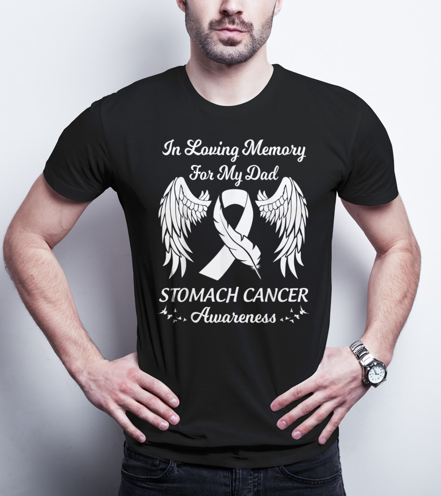 In Loving Memory For My Dad Stomach Cancer Awareness Wings Ribbon Feathers T-Shirt
