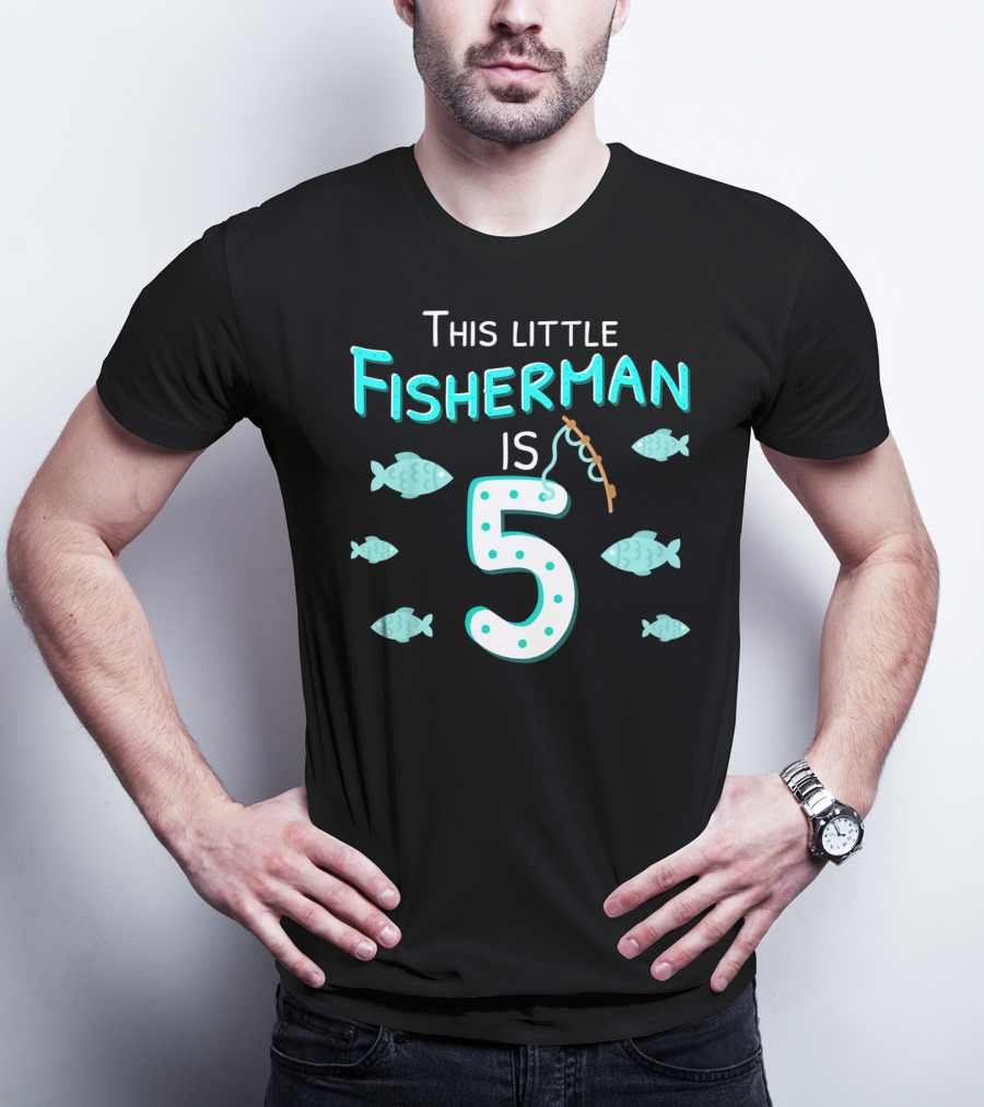 This Little Fisherman Is 5 Fishing Birthday Boys 5th T-Shirt