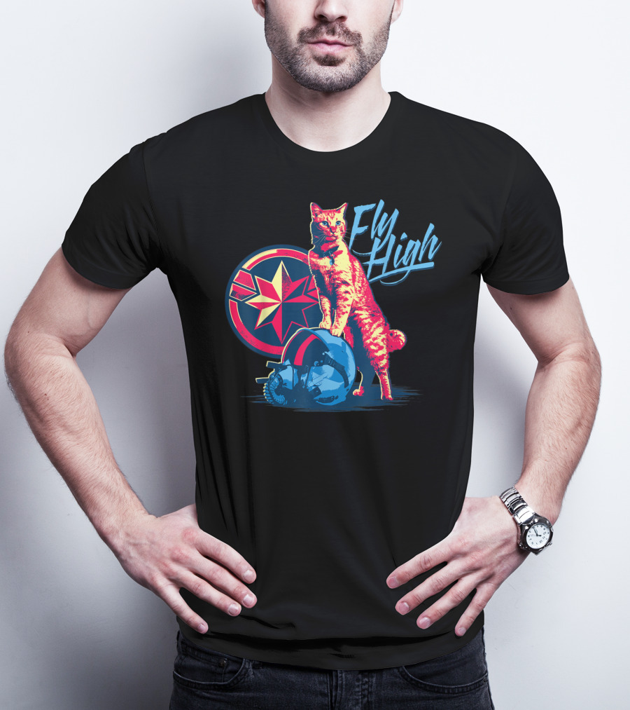 Captain Marvel Fly High Goose Cat Helmet Star T-Shirt