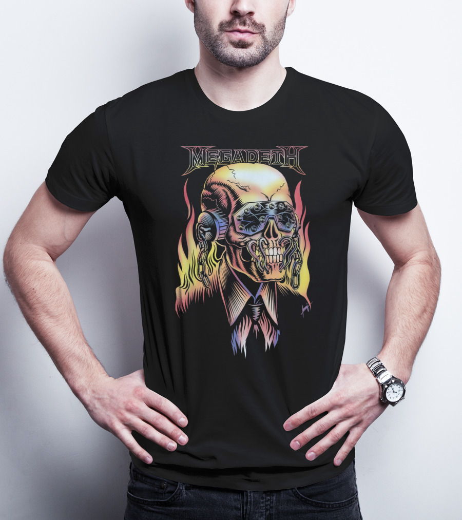 Megadeth Vic Rattlehead Flames Skull T-Shirt