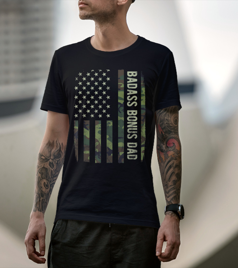 Badass Bonus Dad Camouflage American Flag T-Shirt