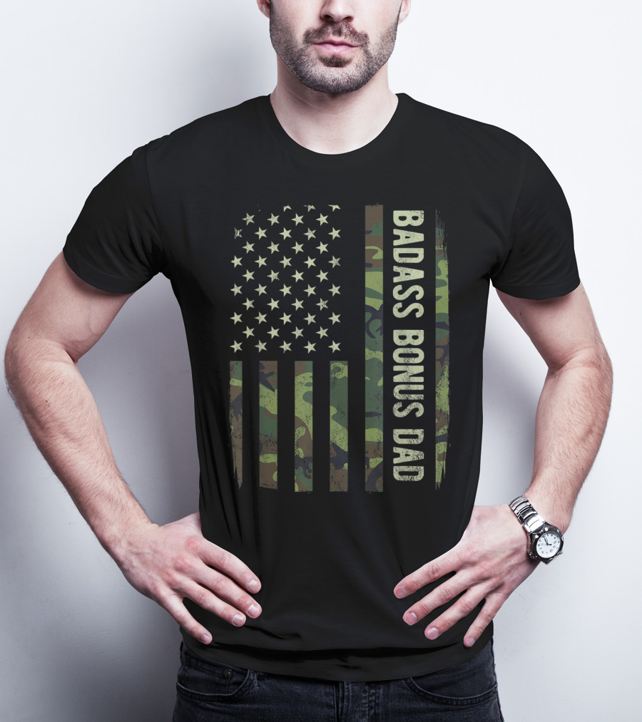 Badass Bonus Dad Camouflage American Flag T-Shirt