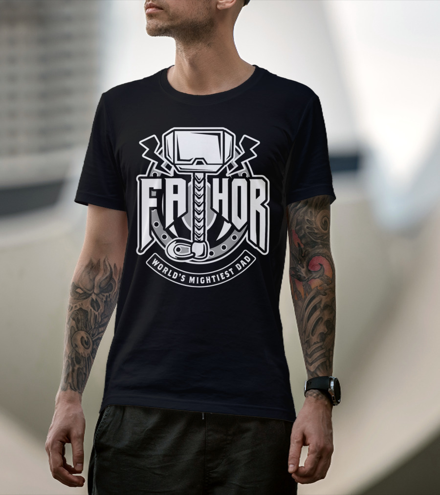 Mens Fathor World's Mightiest Dad Funny Cool Vik Hammer And Lightning T-Shirt