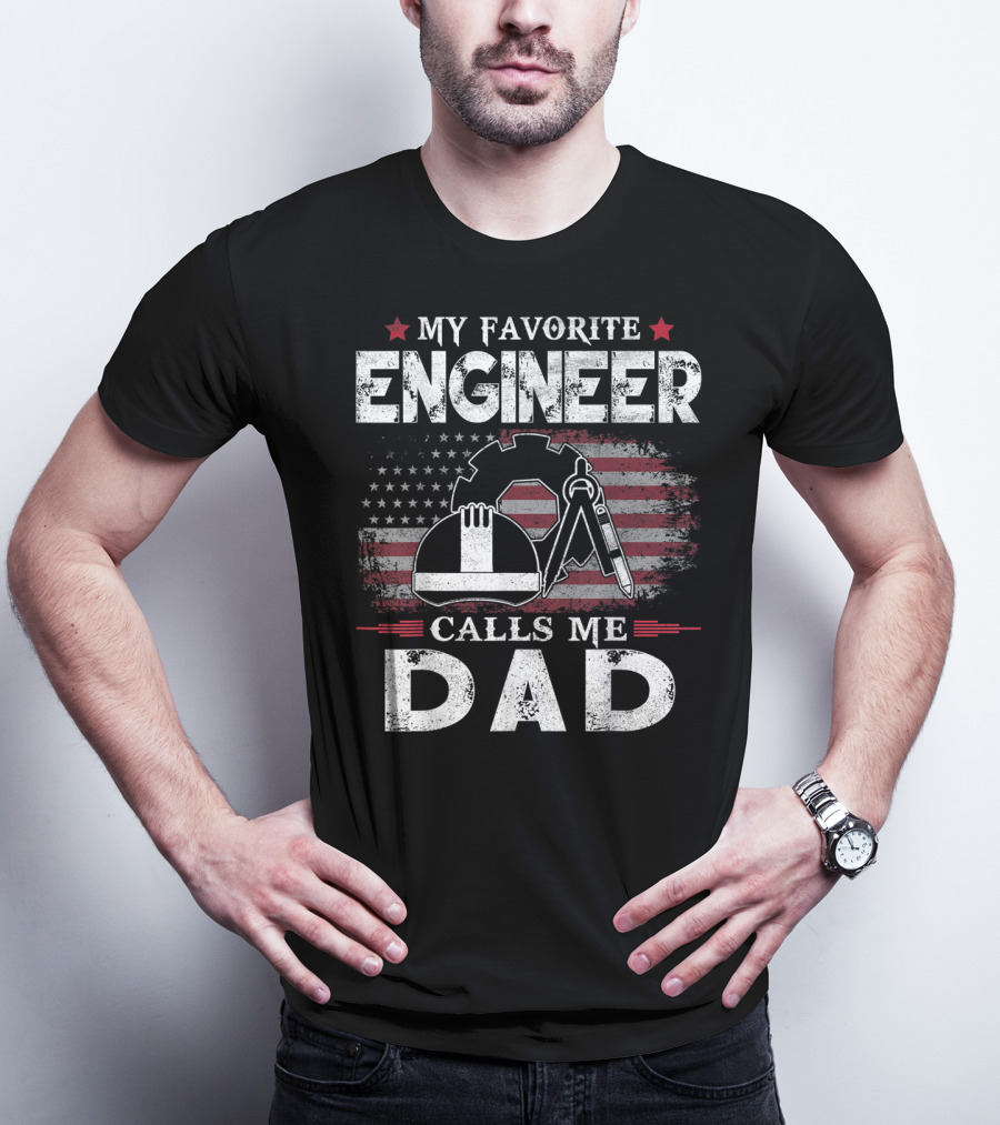 My Favorite Engineer Calls Me Dad American Flag Gear Helmet Compass T-Shirt